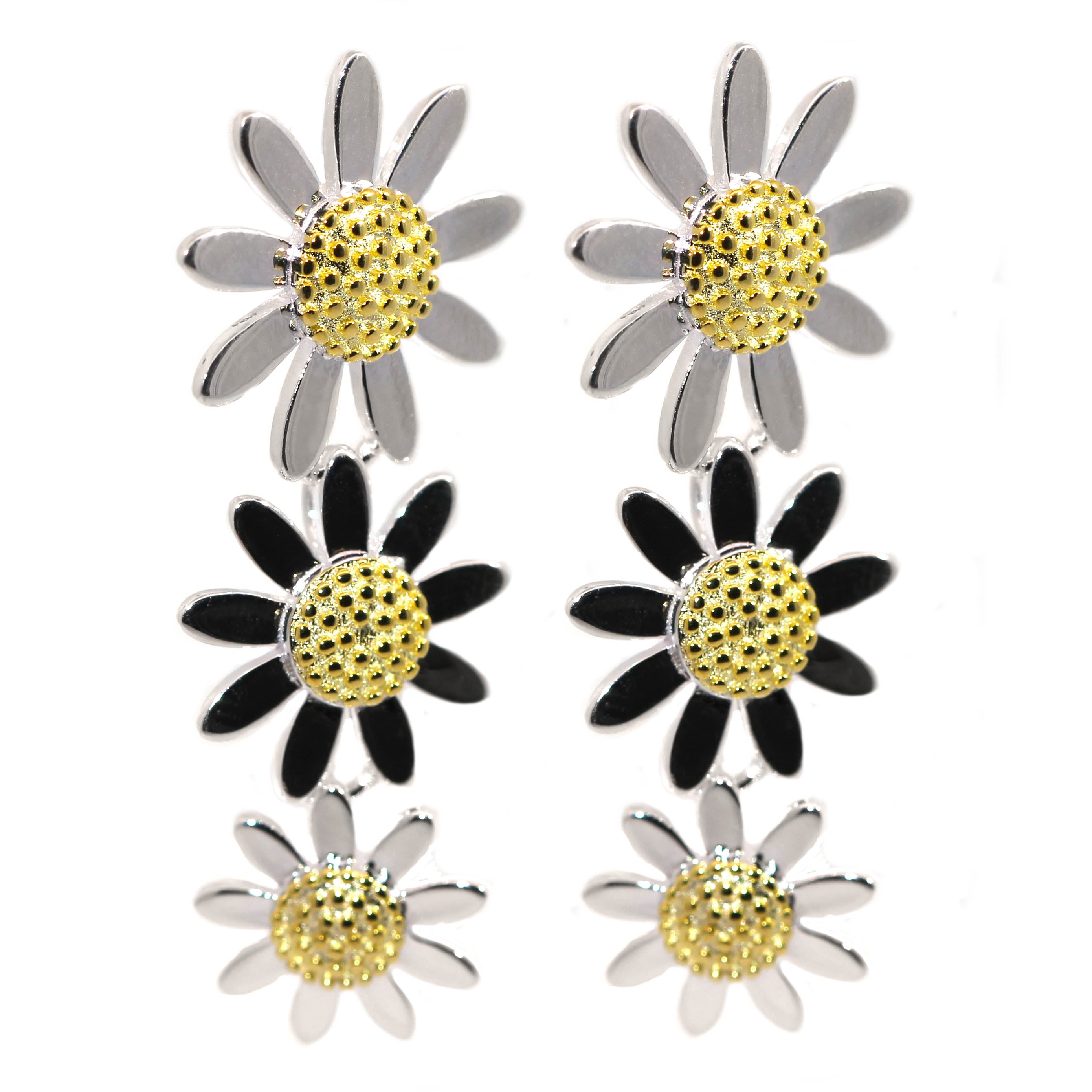 Sterling Silver & Yellow Gold Plated Daisy Triple Drop Studs ...